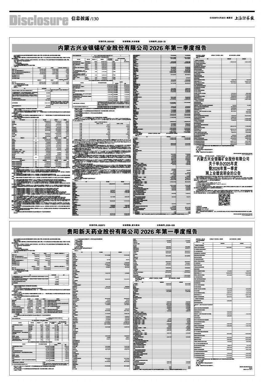 2026年04月30日 第130版：信息披露|上海证券报