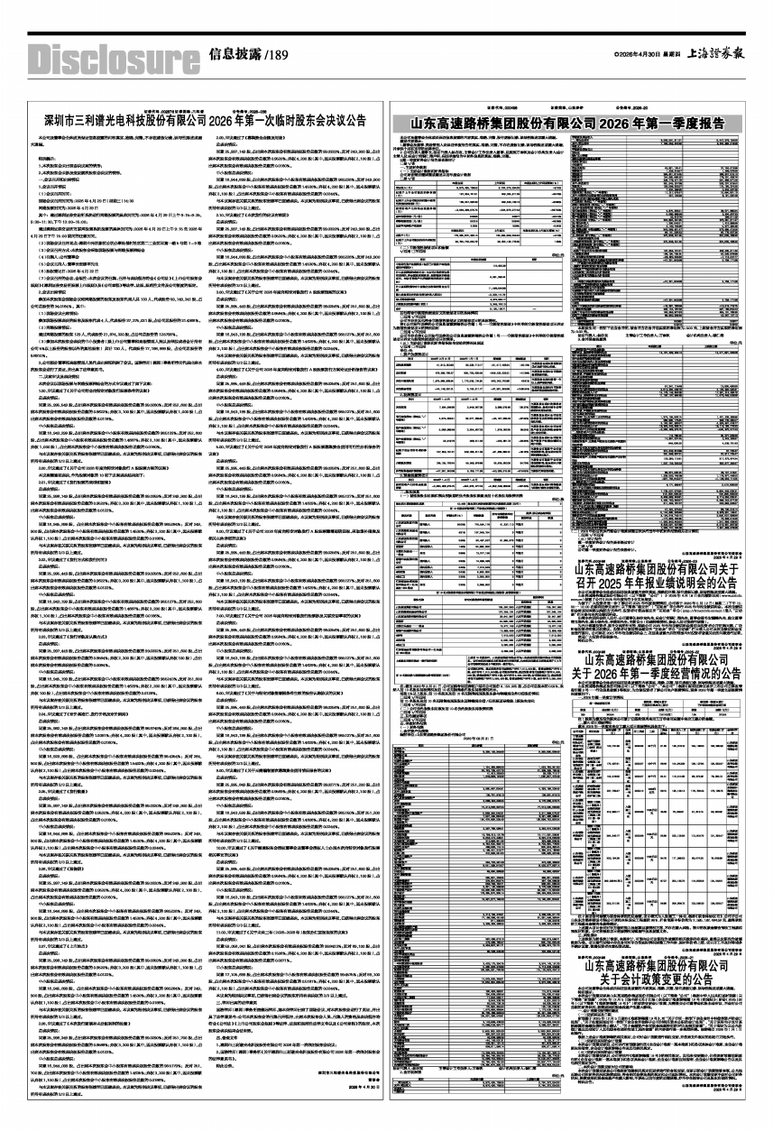 2026年04月30日 第189版：信息披露|上海证券报